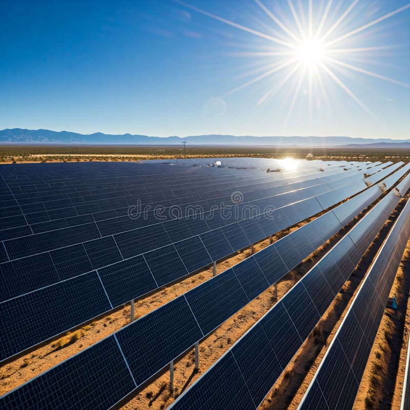 Aerial View of a Vast Solar Farm with Rows of Panels Under a Bright Sun ...