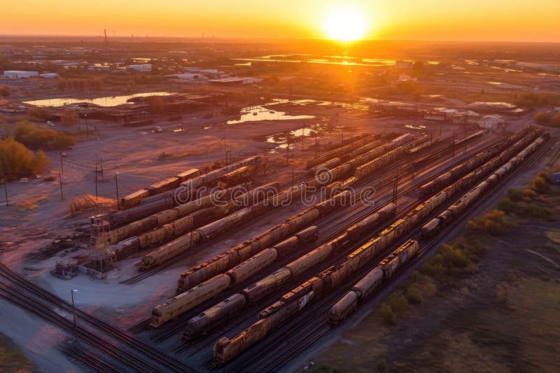 Aerial View of Vast Train Graveyard at Sunset Stock Illustration ...
