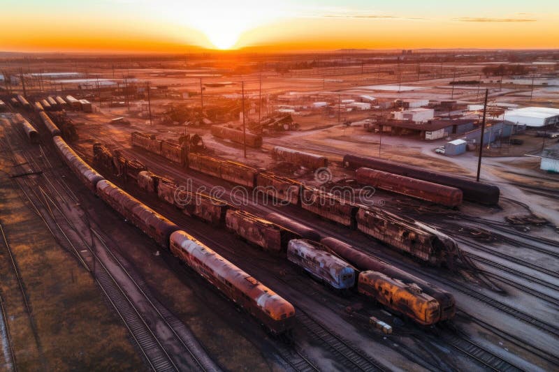 Aerial View of Vast Train Graveyard at Sunset Stock Illustration ...