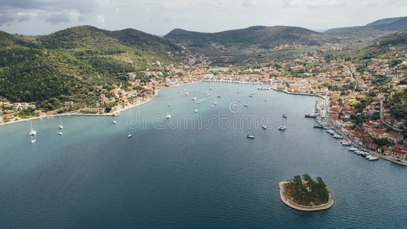 Aerial View of Vathy, Ithaca Bay Stock Image - Image of vehicle, view ...