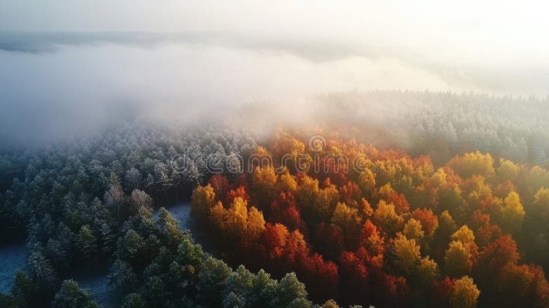 Aerial View of Vibrant Autumn Forest with Mist Over Tree Canopy Above ...