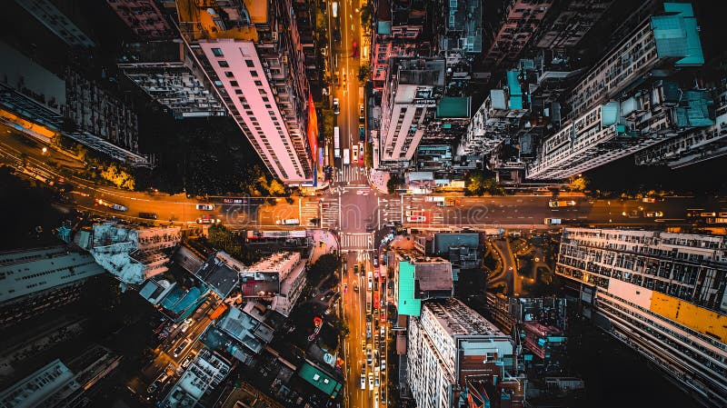 Aerial View of a Vibrant City Intersection at Night Stock Image - Image ...