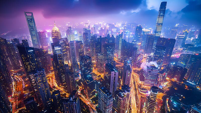 Aerial View of a Vibrant City Skyline at Night Stock Illustration ...