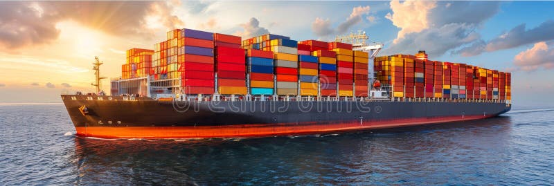 Aerial View of Vibrant Container Cargo Ship in Blue Sea with Ample Copy ...