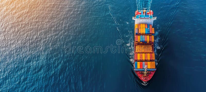Aerial View of Vibrant Container Cargo Ship in Vibrant Blue Sea with ...