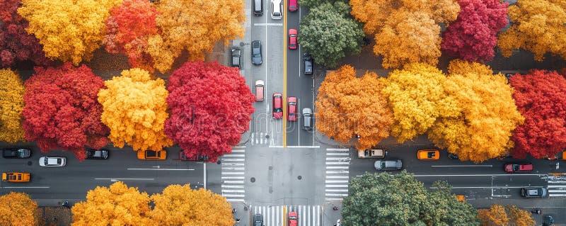 Aerial View of Vibrant Fall Foliage with City Traffic Below Stock ...