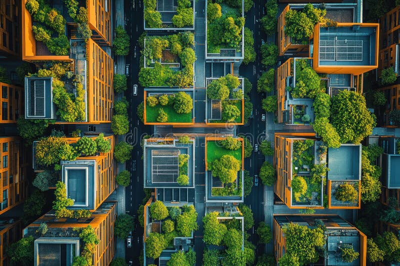 Aerial View of Vibrant Mixed Use Development Featuring Green Rooftops ...