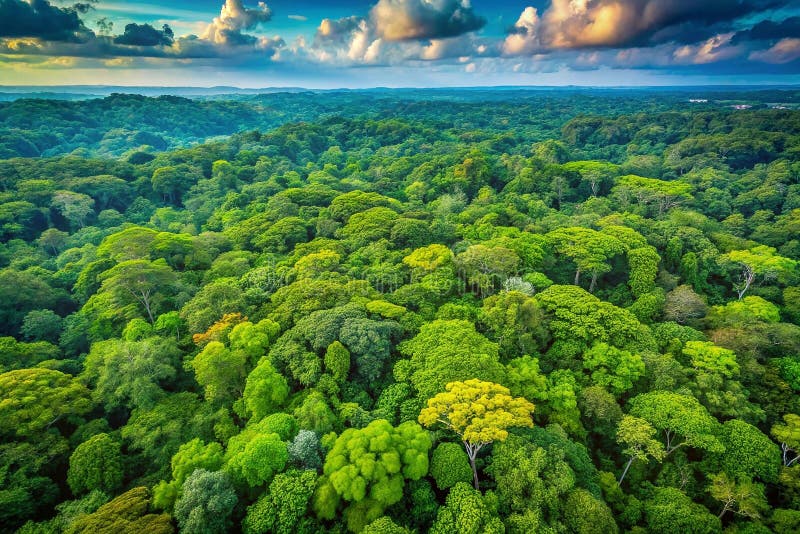 Aerial View of Vibrant Rainforest Canopy at Sunset Stock Illustration ...