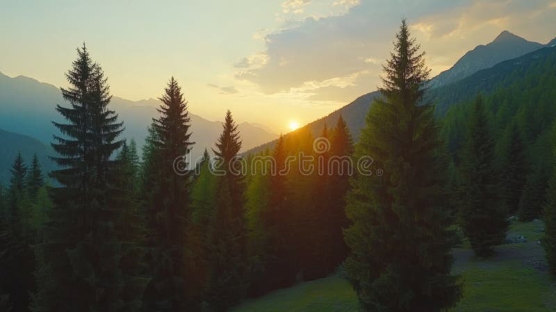 Aerial View of a Vibrant Sunset Above a Dense Evergreen Forest Stock ...