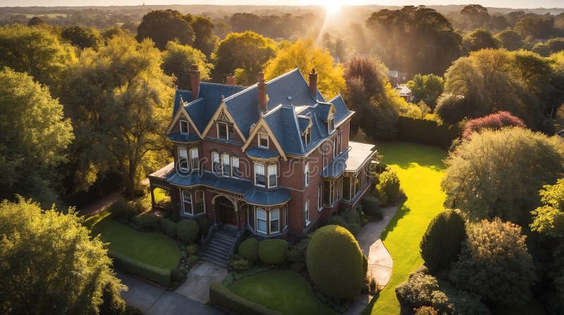 Aerial View of Victorian House with Dramatic Sun Lighting and a Ai ...