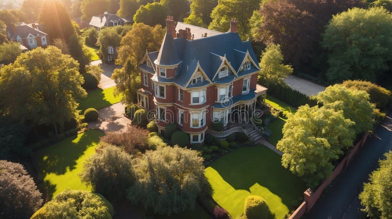 Aerial View of Victorian House with Dramatic Sun Lighting and a Ai ...