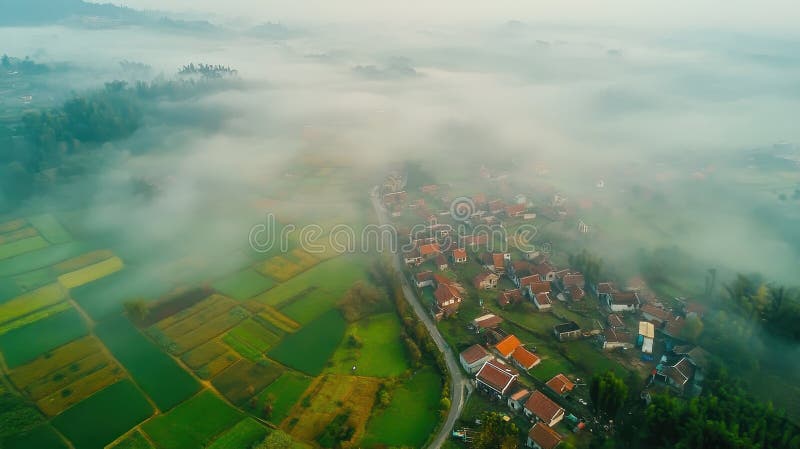 Aerial View of a Village Surrounded by Lush Fields and Fog Stock ...