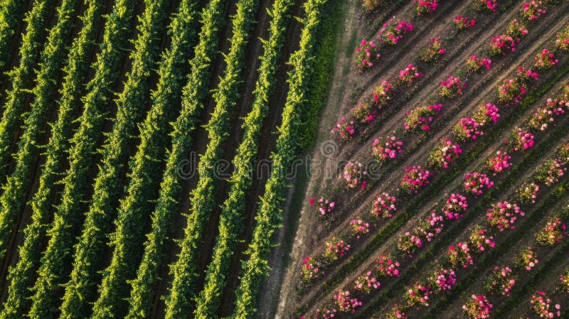 Aerial View of a Vineyard and a Field of Pink Flowers Stock ...