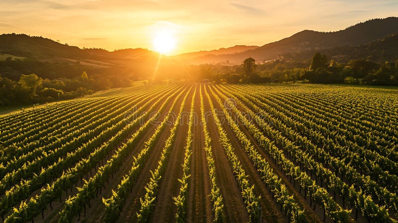 Aerial View of Vineyard Rows at Sunset with Golden Light and Mountain ...