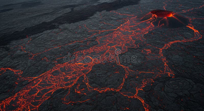 Aerial View of Volcanic Eruption at Night with Glowing Lava Flow Stock ...