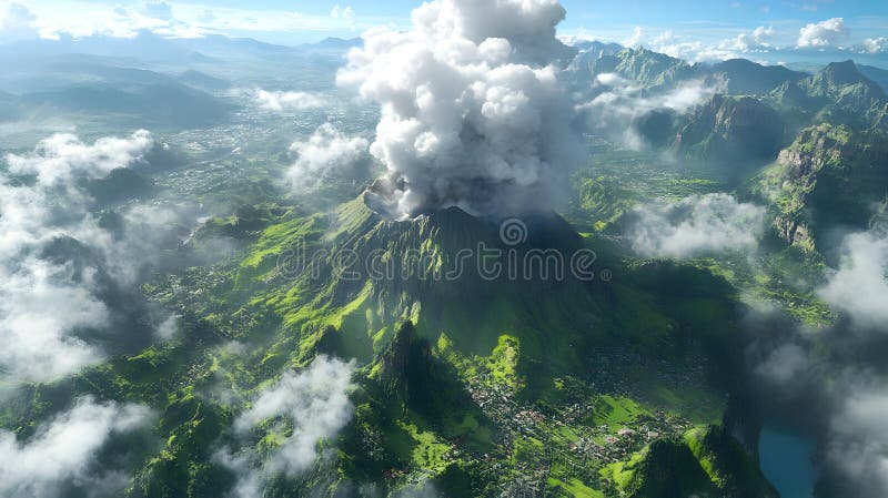 Aerial View of Volcano Erupting Over Lush Green Valley Stock ...