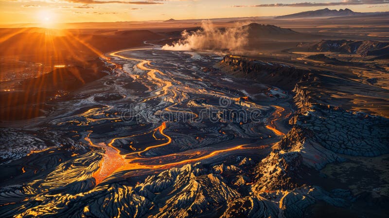 An Aerial View of a Volcano at Sunset with the Sun Shining through the ...