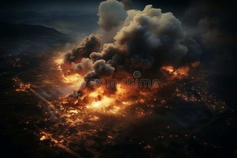 Aerial View of War Torn Cities with Explosions, Fires, Smoke, and Drone ...