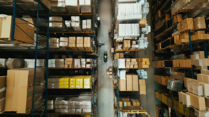 Aerial View of Warehouse with Shelves Packed with Cardboard Boxes ...