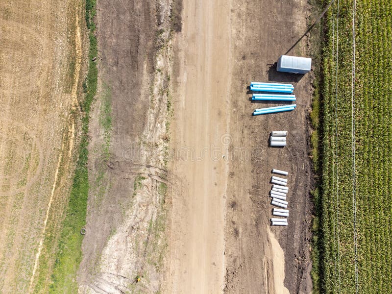 Aerial View of Water Main Pipe Stacked at a Construction Site. Stock ...