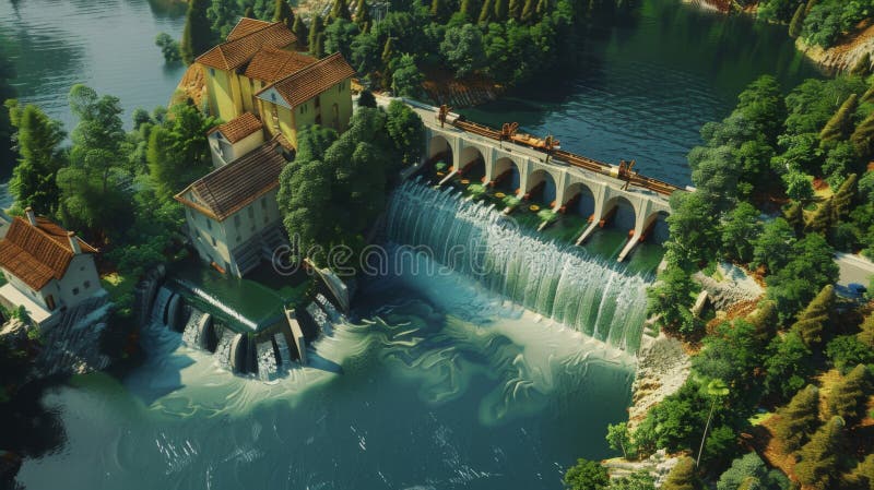 Aerial View of Waterfall and Bridge Stock Photo - Image of architecture ...