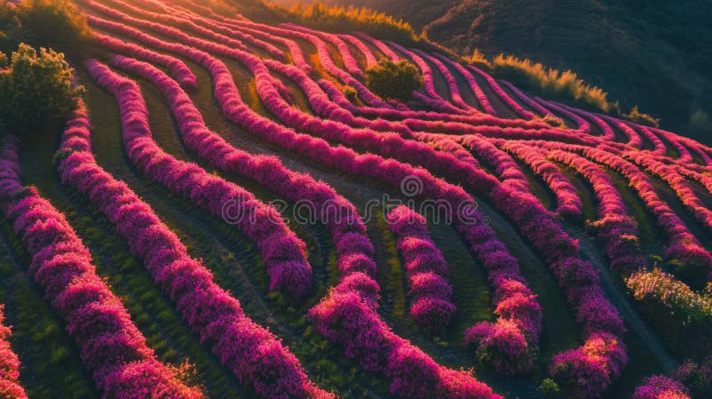 Aerial View of Wavy Pink Flower Fields on a Hillside Stock Illustration ...