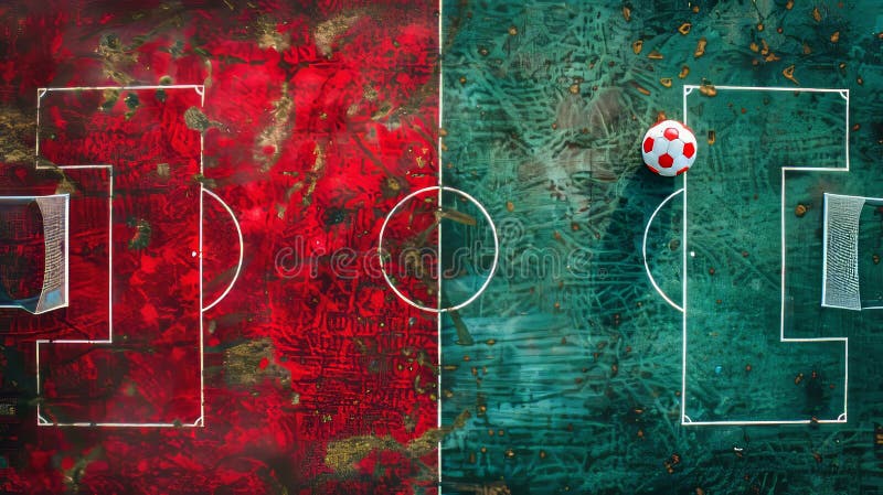 Aerial View of a Weathered Football Pitch Split Down the Middle with ...
