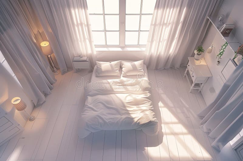Aerial View of White Bedroom with Bed. Generative AI. Stock ...