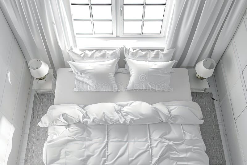 Aerial View of White Bedroom with Bed. Generative AI. Stock ...