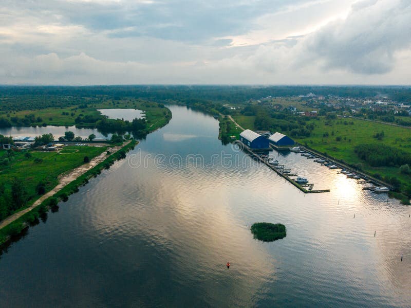 Aerial View of a Wide River with Sky Reflection Stock Photo - Image of ...