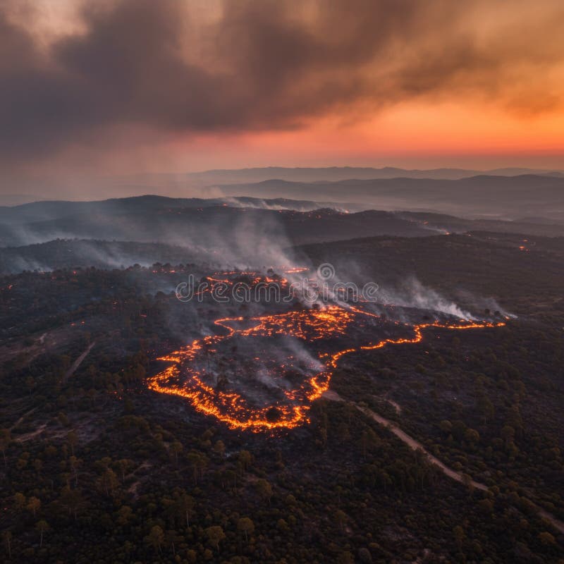 Aerial View of Wildfire at Sunset Stock Illustration - Illustration of ...