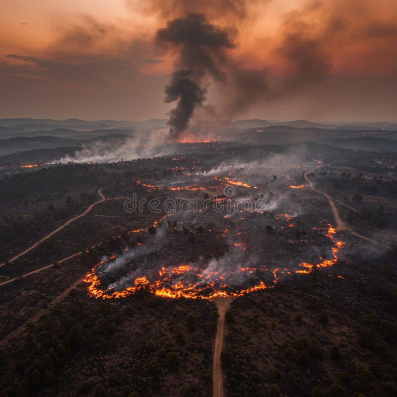 Aerial View of Wildfire at Sunset Stock Illustration - Illustration of ...