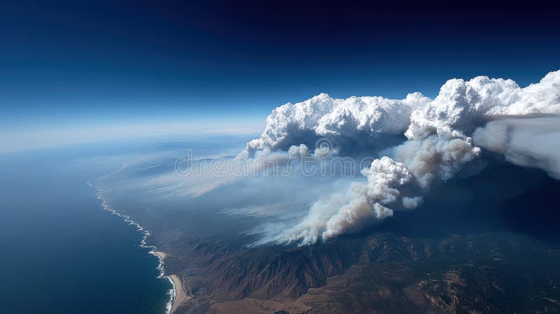 Aerial View of Wildfires with Smoke Over Coastline and Ocean Stock ...