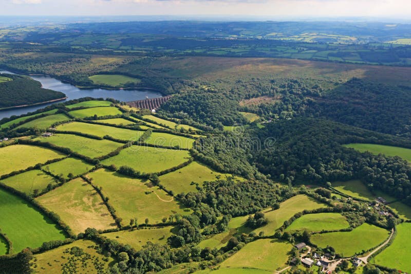 Aerial View of Wimbleball Lake and the Fields of North Devon, England ...