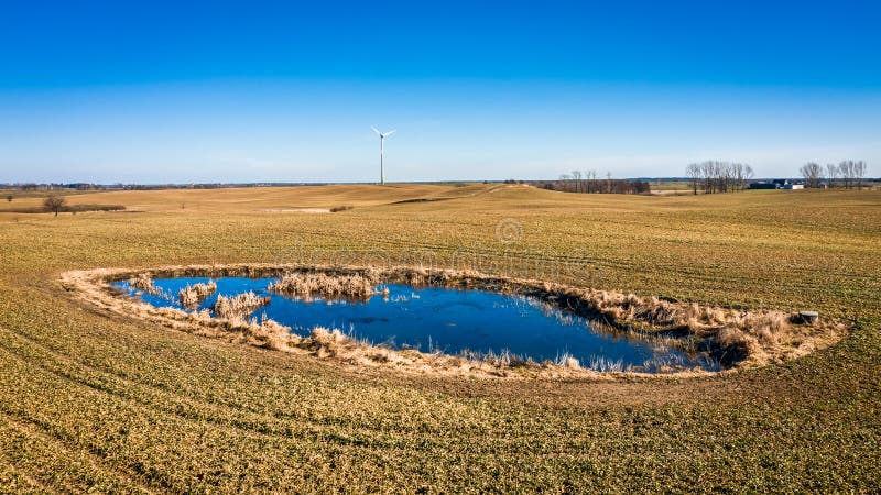 Aerial View of Wind Turbine on Field and Small Pond Stock Image - Image ...