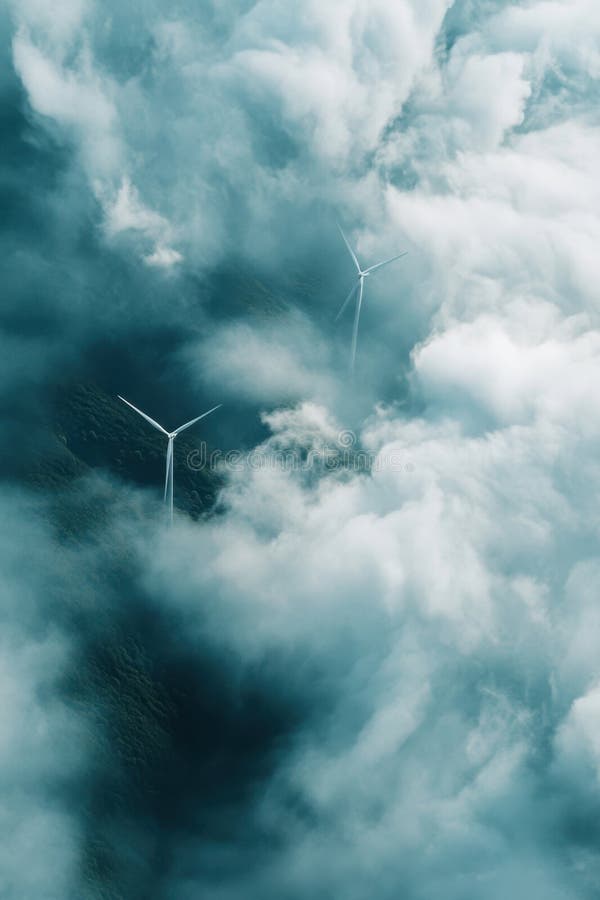 Aerial View of Wind Turbines Emerging through Dense Clouds among ...