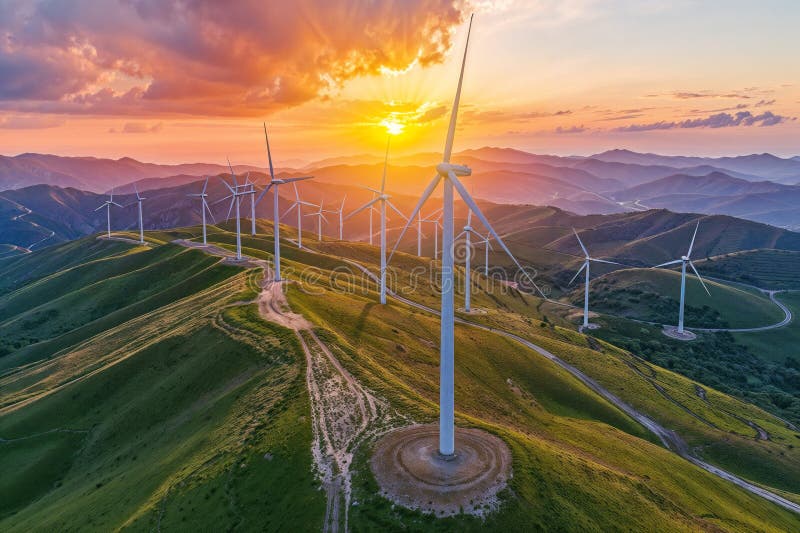 Aerial View of Wind Turbines on Rolling Hills at Sunset Stock ...