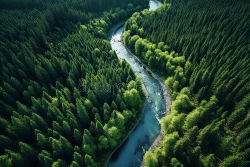 Aerial View of a Winding Forest River Stock Illustration - Illustration ...