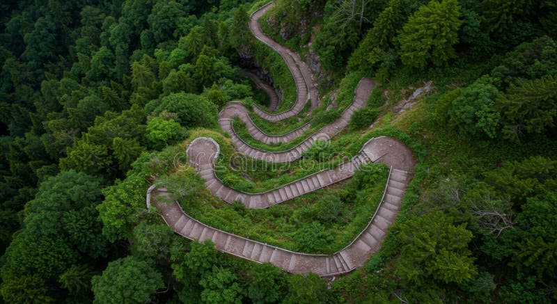 Aerial View of Winding Mountain Path through Lush Green Forest Stock ...