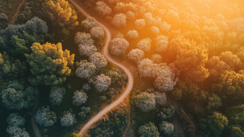 Aerial View of a Winding Path through a Forest of Trees with White ...