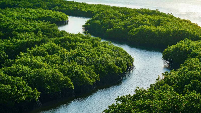 Aerial View of a Winding River Flowing through a Lush Mangrove Forest ...