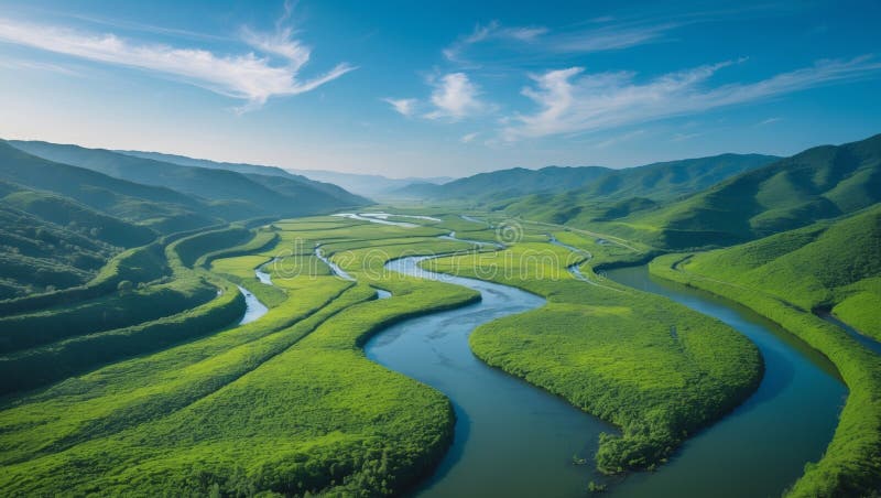 Aerial View of Winding River through Lush Valley Stock Image - Image of ...