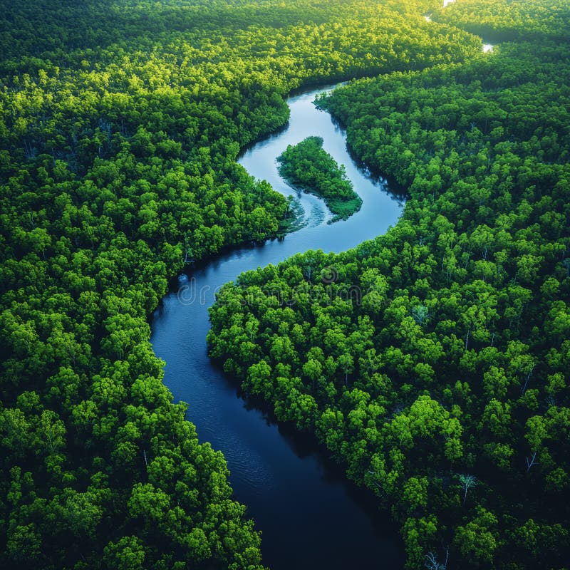Aerial View of a Winding River Surrounded by Dense Forest. Stock Photo ...