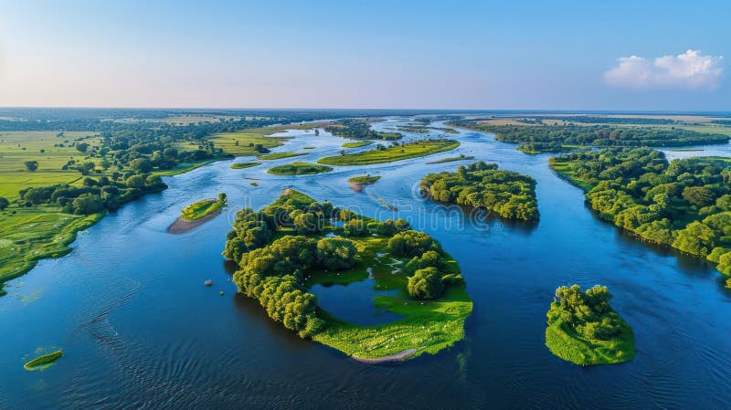 Aerial View of Serene River Landscape with Lush Green Islands Stock ...