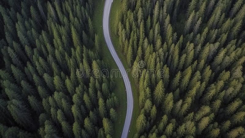 Aerial View of Winding Road through Dense Green Forest in Summer Stock ...