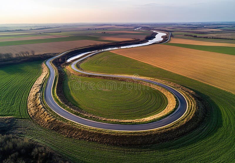 Aerial View of Winding Road through Fields Stock Illustration ...