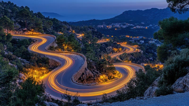Aerial View of a Winding Road Illuminated by Lights at Night. Stock ...