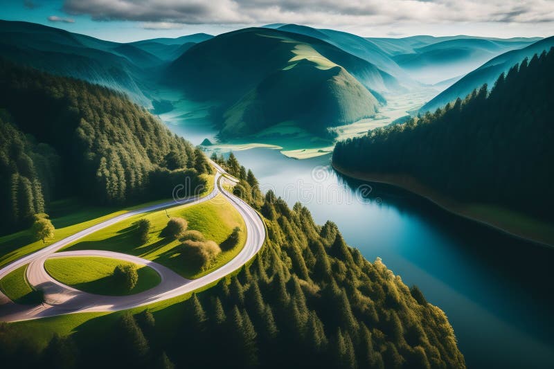 Aerial View of a Winding Road in the Mountains. 3d Rendering Stock ...