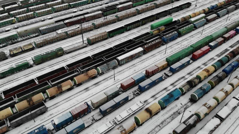 Aerial View at Winter Classification Marshalling Yard Trains Railroad ...