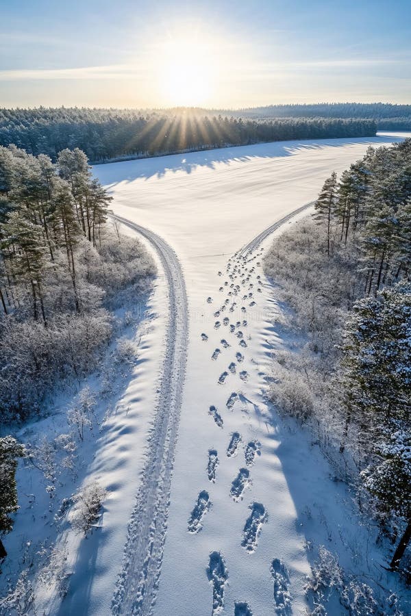 Aerial View of Winter Footprints and Tracks High Quality Image Stock ...